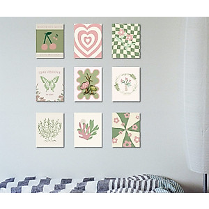 MINI ZOZI Danish Pastel Posters 8x10 9pcs Aesthetic Room Decor Green And Pink Wall Art Prints Collage Cute Coquette Trendy Preppy Coconut Girl Y2k Kawaii Indie Retro Pictures Butterfly Heart Cherry