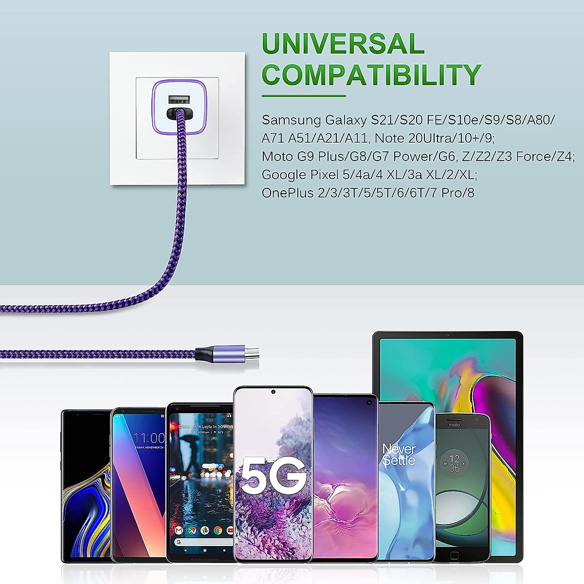 USB C Charger Cable Fast Charging Cord 3PC for Samsung Galaxy A16 A15 5G/A35/S24 Ultra/A54/S23FE/A14/A55/A13/A53/S22/S21/S20,iPhone 16 15,Pixel 9 Pro/8a/7/6,Moto Edge2024/G Power,OnePlus Nord N200/N10