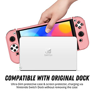 TNP Switch OLED Dockable Case - Pink, for Nintendo Switch OLED Model 2021, Cute Protective Case Cover, Hard PC Shell coated with Silicone Skin for Switch OLED Accessories Console & JoyCon Controller