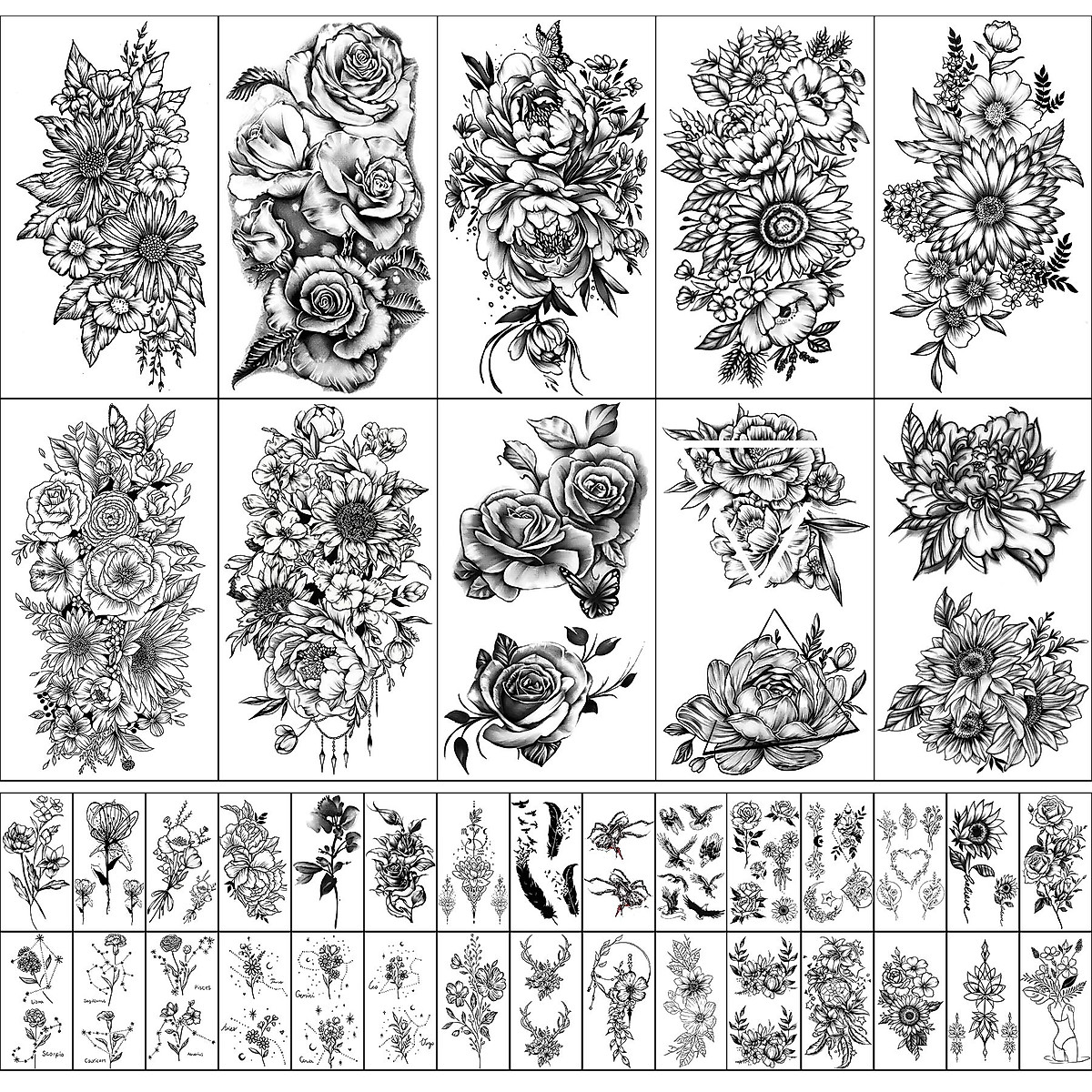 Yazhiji 40 sheets Waterproof Temporary Tattoos Large Flowers Butterfly Collection Temporary Fake Tattoos for Women and Girls Body Art Decoration