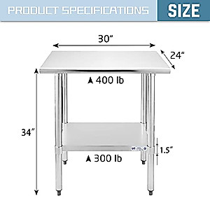 Hally Stainless Steel Table for Prep & Work 24 x 30 Inches, NSF Commercial Heavy Duty Table with Undershelf and Galvanized Legs for Restaurant, Home and Hotel