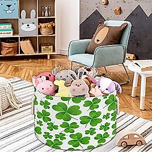 St. Patrick's Day Green Clover Leaves Large Round Baskets for Storage Laundry Baskets with Handles Blanket Storage Basket for Bathroom Shelves Bins for Organizing Nursery Hamper Girl Boy