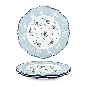 fanquare 10 Inch Porcelain Dinner Plates Set of 4, Lace Dishes Set for Salad, Pasta, Soup, Dessert, Blue Roses