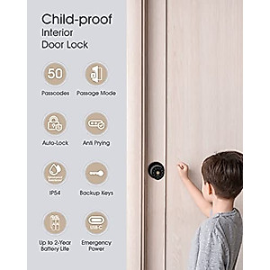 zincker Door Knob with Keypad Lock Interior Keyless Child Proof Electronic Pin Code Door Knob 5s Auto-Lock for Bedroom Apartment Garage Office Security Matte Black