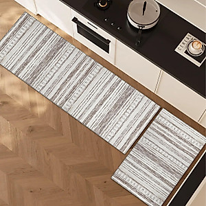 NEWBILITI Boho Kitchen Rugs Sets of 2 Piece Moroccan Bohemian Retro Floor Kitchen Mats 47x17 Inch Linen Washable Area Pads Doormat Non Slip Rug Decor Runner Pad (Wood), Large