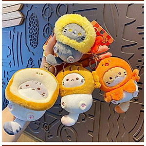 HSYHERE Men Women Creative Interesting Funny Cute Stylish Wearing Food Shrimp Bread Hat Soft Cat Plush Kitty Keychain Key Ring, Valentine Lover Christmas New Year Gift Bag Pendant -Fish