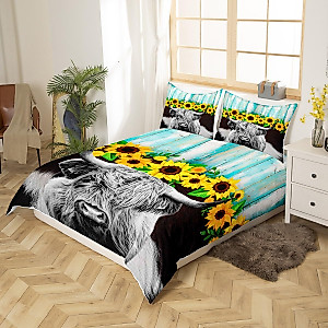 Erosebridal Highland Cow Flower Bedding Set 3 Pcs Rustic Farmstyle Comforter Cover Full, Yellow Sunflowers Duvet Cover Black Gray Cow Print Bedding Western Farm Wild Animal Highland Cattle Bedding