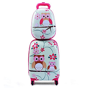 HONEY JOY Kids Luggage, 12” Travel Backpack & 16” Hard Shell Toddler Suitcase, Children Rolling Luggage with Wheels, Retractable Handle & 4 Casters, 2Pcs Carry On Luggage Set for Boys Girls (Owl)