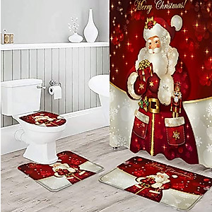 Perdecor Shower Curtain and Rugs Set for Bathroom, Santa Claus Waterproof with 12 Hooks, Non-Skip, 20211022-PER-GYT001SHZF03738MDPAPED, Wine Red, 36Inx72In+18Inx30In+14Inx18In+15Inx18In