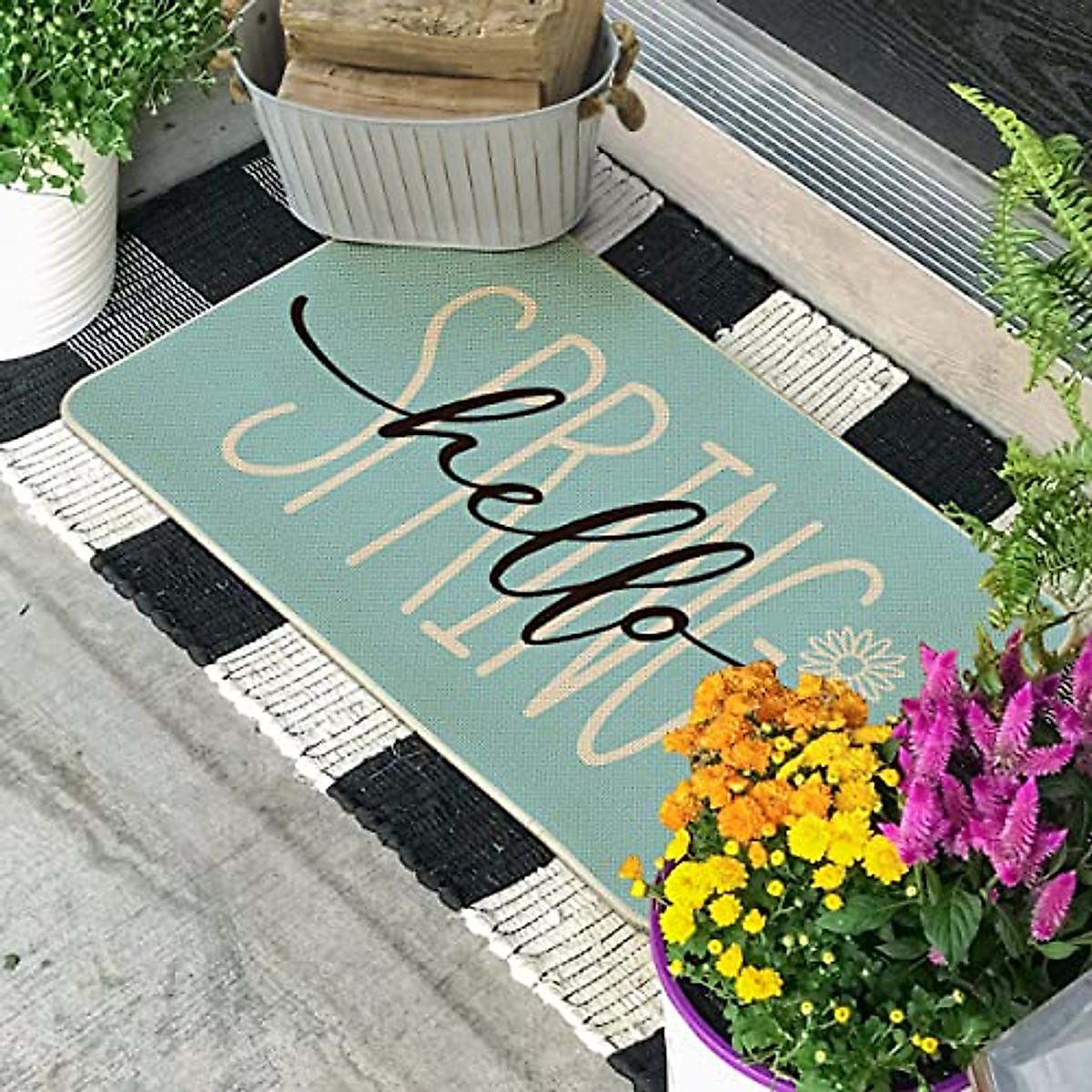 Artoid Mode Blue Hello Spring Daisy Welcome Decorative Doormat, Seasonal Low-Profile Rug Switch Mat for Indoor Outdoor 17x29 Inch