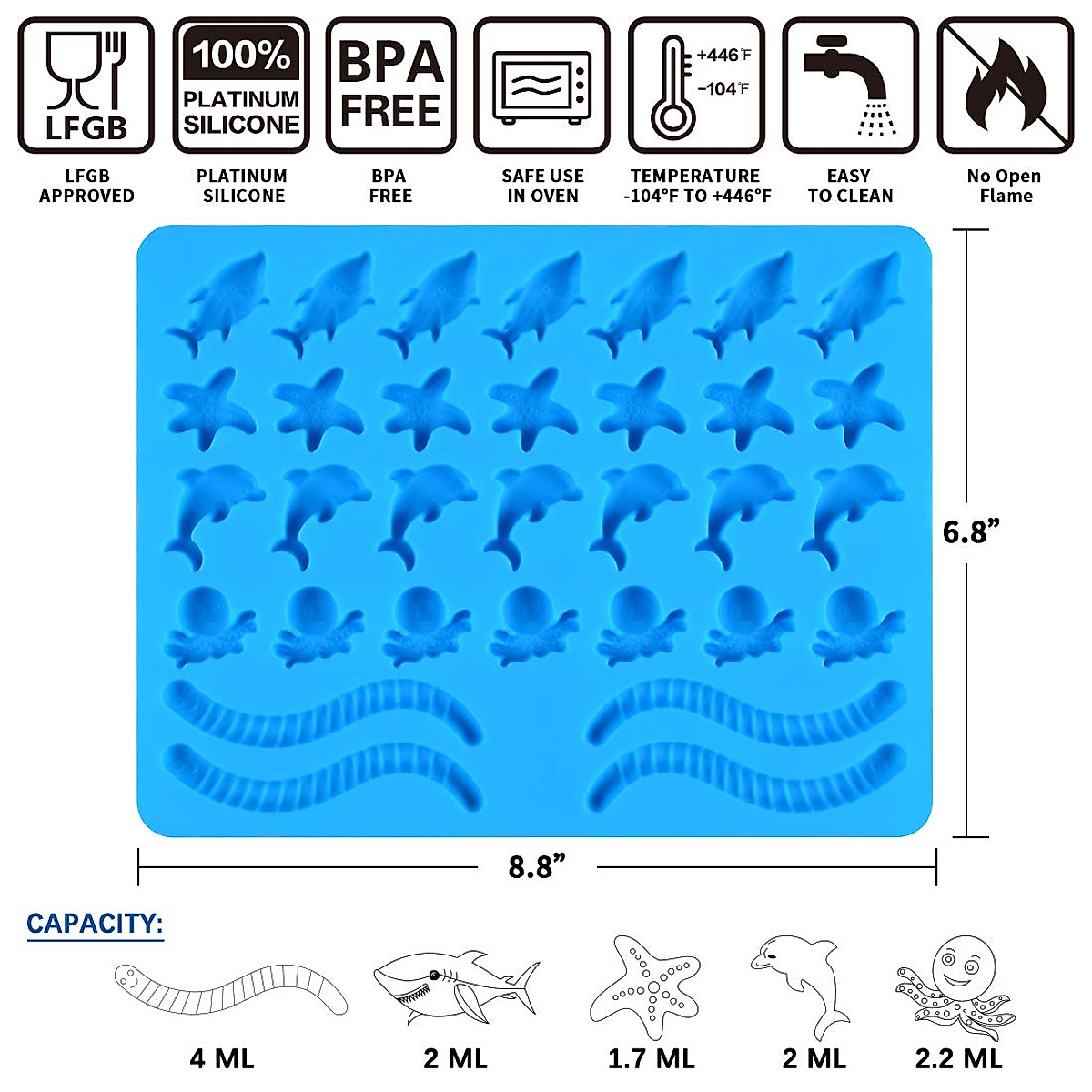 Gummy Molds Hard Candy Molds - Candy Molds Silicone Including Worms, Starfishs, Dolphins, Octopus, Sharks Sea Mold BPA Free, Pinch Test Approved Pack of 3 Ocean Molds