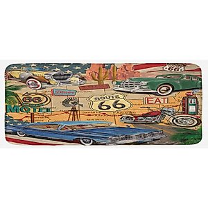 Lunarable Route 66 Kitchen Mat, Old Fashioned Cars Motorcycle on a Map Road Trip Journey American USA Concept, Plush Decorative Kitchen Mat with Non Slip Backing, 47" X 19", Beige Red