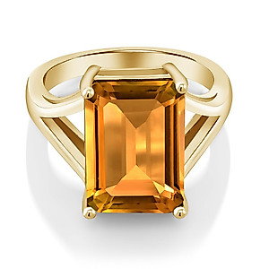 Gem Stone King 18K Yellow Gold Plated Silver Yellow Citrine Solitaire Ring For Women (8.20 Cttw, Emerald Cut 14X10MM, Gemstone Birthstone, Available in size 5, 6, 7, 8, 9)