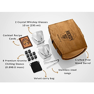 ROCKSLY Whiskey Stones Gift Set for Men in Whiskey Half Barrel Gift Box | 8 Whiskey Rocks, 2 Whiskey Glasses in a Whiskey Box Gift Set | Granite Bourbon Stones | Whiskey Kit for Men: Dad, Boyfriend