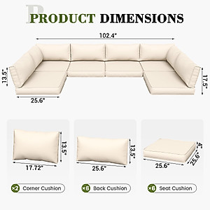 VONZOY Outdoor Furniture Cushions, Patio Replacement Cushions for Furniture Set, 14 Pieces Water-Resistant Patio Sofa Cushions Fits 6-seat Sectional Couch(Cream)