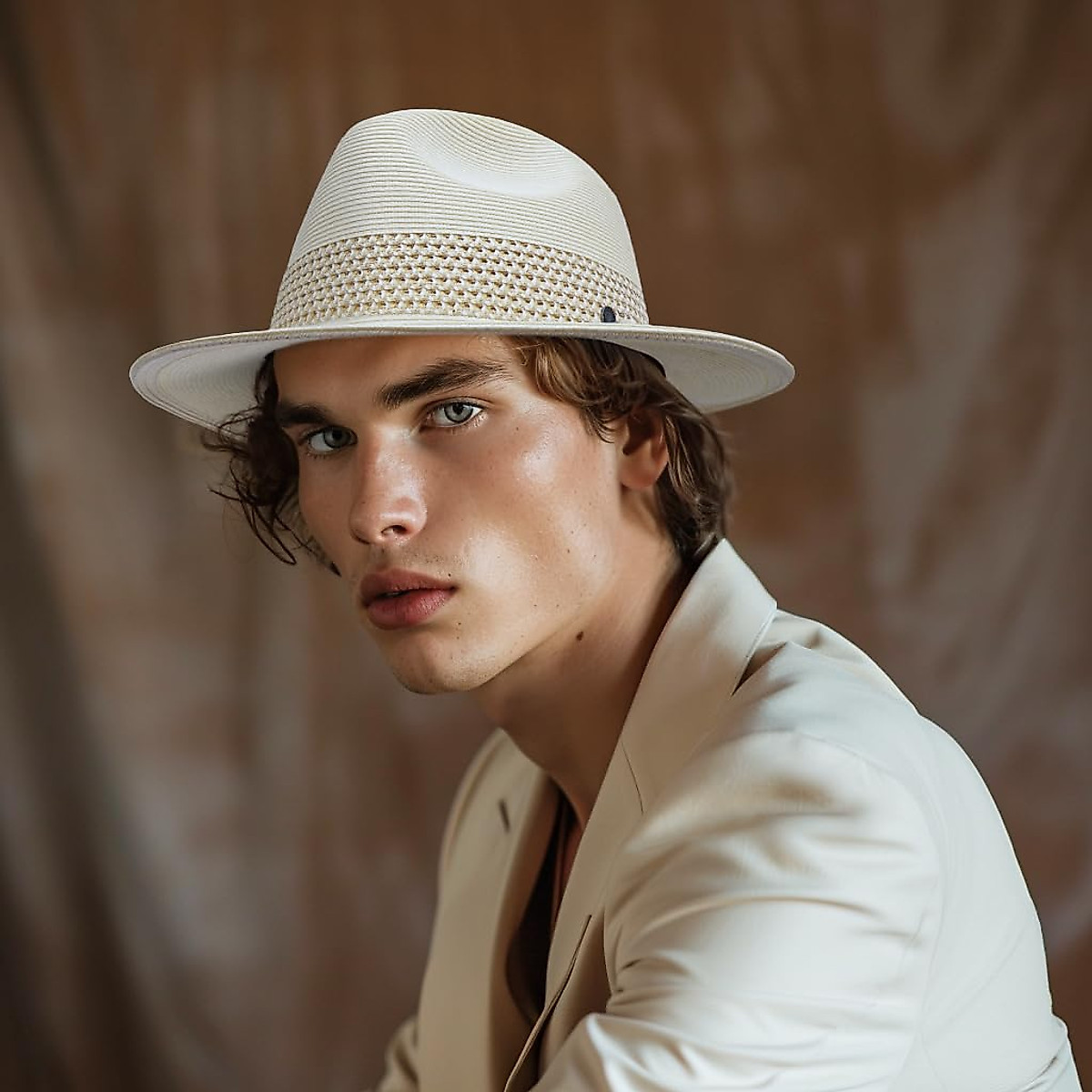 Pineapple&Star Sun Straw Fedora Beach Hat Fine Braid UPF50+ for Unisex (Medium, Off-White Amiens)