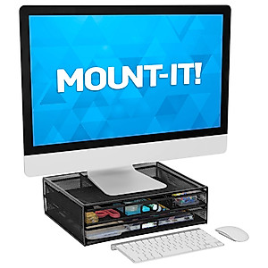 MOUNT-IT! Computer Monitor Stand With Drawers, Metal Mesh Riser and Organizer for Laptops and Computer Screens, Laptop, and Printer Accessories and Office Supplies (Black)