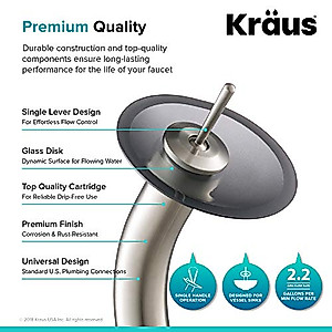 Single Lever Vessel Glass Waterfall Bathroom Faucet Satin Nickel with Black Frosted Glass Disk and Matching Pop Up Drain