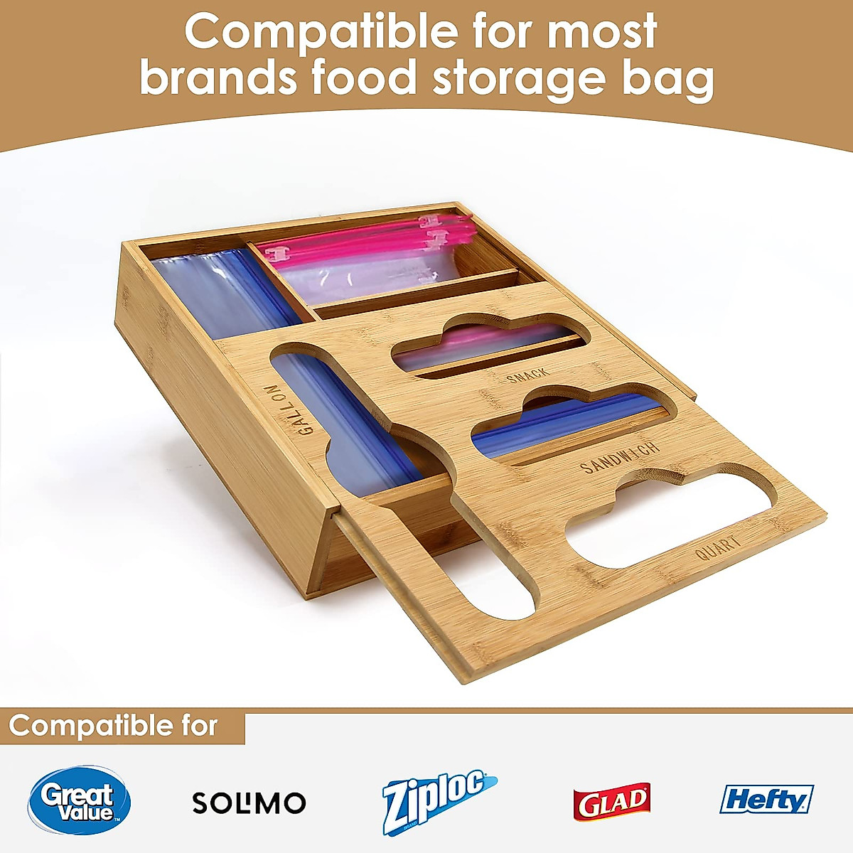 Caredear Bag Storage Organizer for Kitchen Drawer - 12.8" x 12" x 3" Bamboo Bag Organizer, Wall Mount Organizer for Gallon, Quart, Sandwich, Snack, Slider