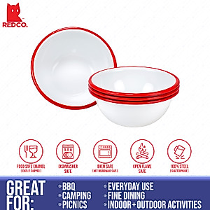 Red Co. Set of 4 Enamelware Metal Classic 20 oz Round Cereal Bowl, Solid White/Red Rim