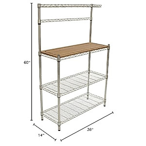 TRINITY EcoStorage Bakers Rack and Pantry Organizer with 3 Shelves, Removable Bamboo Work Surface, and Hooks for Kitchen Organization and Food Preparation, Chrome, 36” W x 14” D x 60” H