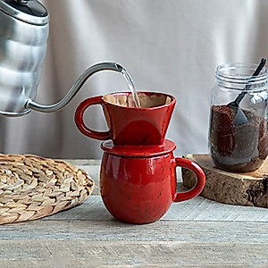 Asayu Japan Ceramic Coffee Pour Over Maker Set in Chrome Red, Slow Brewing Paper Filter Holder and Dripper with 3 Holes for Coffee and Tea (Complete 2PCS Set)