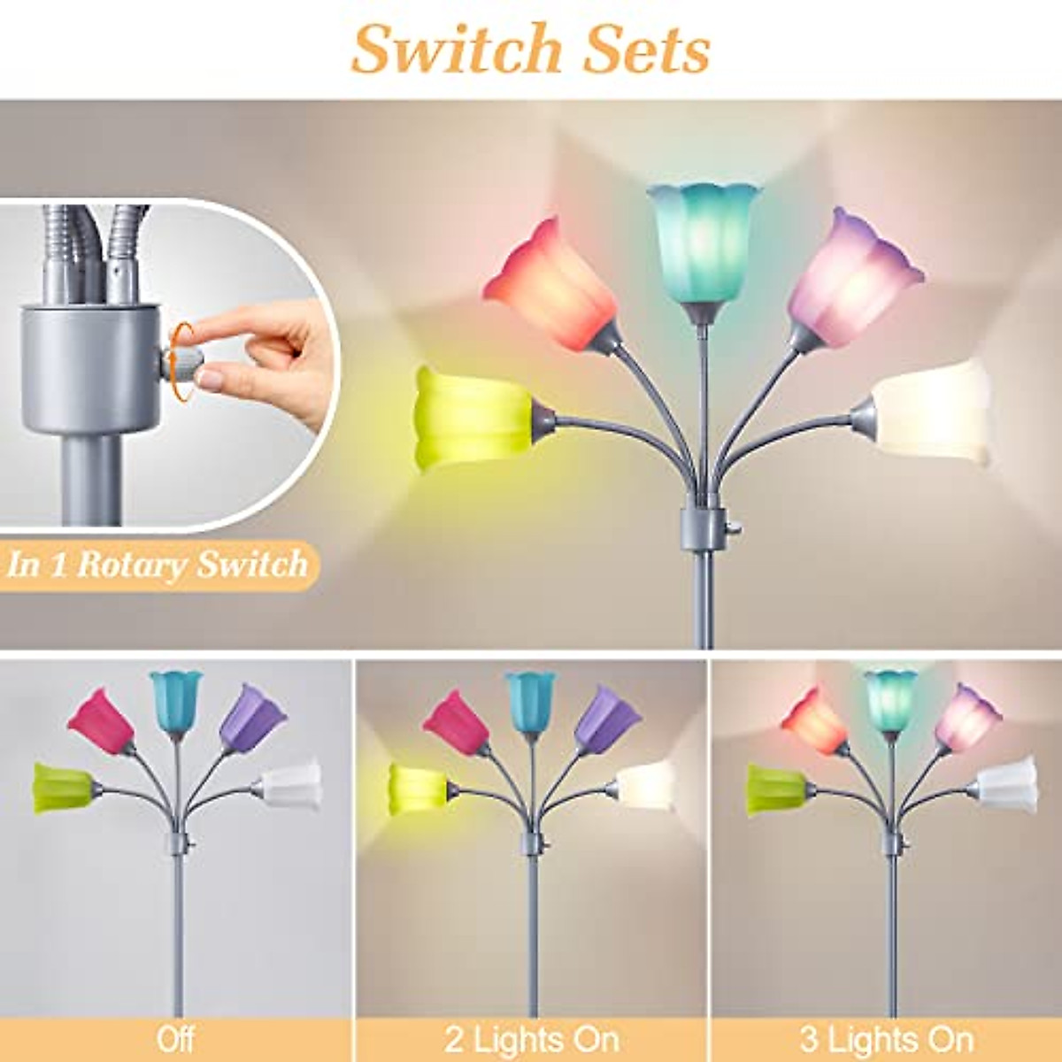 GyroVu Medusa LED Floor Lamp, Multi Head Modern Tall Lamp with Adjustable Gooseneck Standing Lamps Led Tall Lamp for Living Room Bedroom Kids Room Office 6 Color Lampshades Bulb Not Included Silver