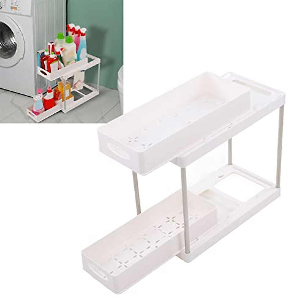 Under Sink Organizer and Storage, 2 Tier Under Sink Storage Cabinet Organizer, Cabinet Basket Sliding Drawer Pull Out Drawer Under Sink Shelves Counter Organizer for Bathroom (White)