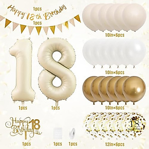 18th Birthday Decorations Sand White Gold,18th Birthday Balloons Beige Gold,Happy 18th Birthday Banner with Cake Toppers Number 18 Balloons for Girls Boys Birthday Party Decorations