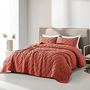 Burnt Orange Quilt Queen Size Bedding Sets with Pillow Shams, Red Lightweight Soft Bedspread Coverlet, Quilted Thin Blanket Comforter Bed Cover for All Season Spring Summer, 3 Pieces, 90x90 inches