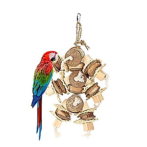 Zerodis Parrot Chewing Toy, Bird Coconut Beak Grinding Plaything Toy Parrot Cage Bite Toys with Blocks for Conures Cockatiels African Grey Macaws