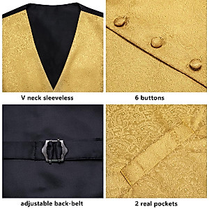 Dubulle Mens Suit Vest and Tie Set Paisley Floral Waistcoats for Men with Necktie Pocket Square Cufflinks Tuxedo Wedding,Gold,Large