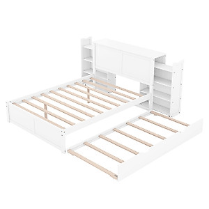 Lifeand Full Size Storage Platform Wooden Bed with Pull Out Shelves and Twin Size Trundle, White