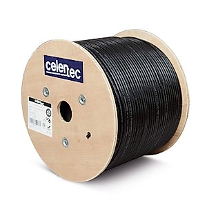 celertec CAT6 Outdoor Cable, 500ft, 23AWG Solid Bare Copper, Unshielded Twisted Pair (UTP), UV Resistant, Weatherproof, CMX, ETL Listed, 550MHz, Bulk Ethernet Cable, Wooden Spool- Black