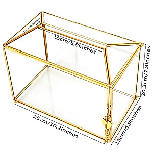 WHSLILR 10" Glass Card Box Wedding Card Box with Lock for Wedding Reception Cosmetic Home Decor, Handmade Large Geometric Terrarium with Hinged Lid, Brass Frame - (Golden/Roof)