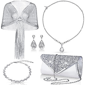 Tiamon 5 Pcs Rhinestone Jewelry Sets Shawls and Wraps Formal Clutch Purses for Women Evening Party Prom Bridal Weddings(Silver, Glitter)