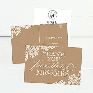 50 4x6 Rustic Kraft Thank You Postcards Bulk, Cute Blank Thank You Cards From The New Mr. and Mrs. Thank You Note Card Stationery Set For Wedding Gifts, Bridesmaid, Bridal Shower, Engagement Party