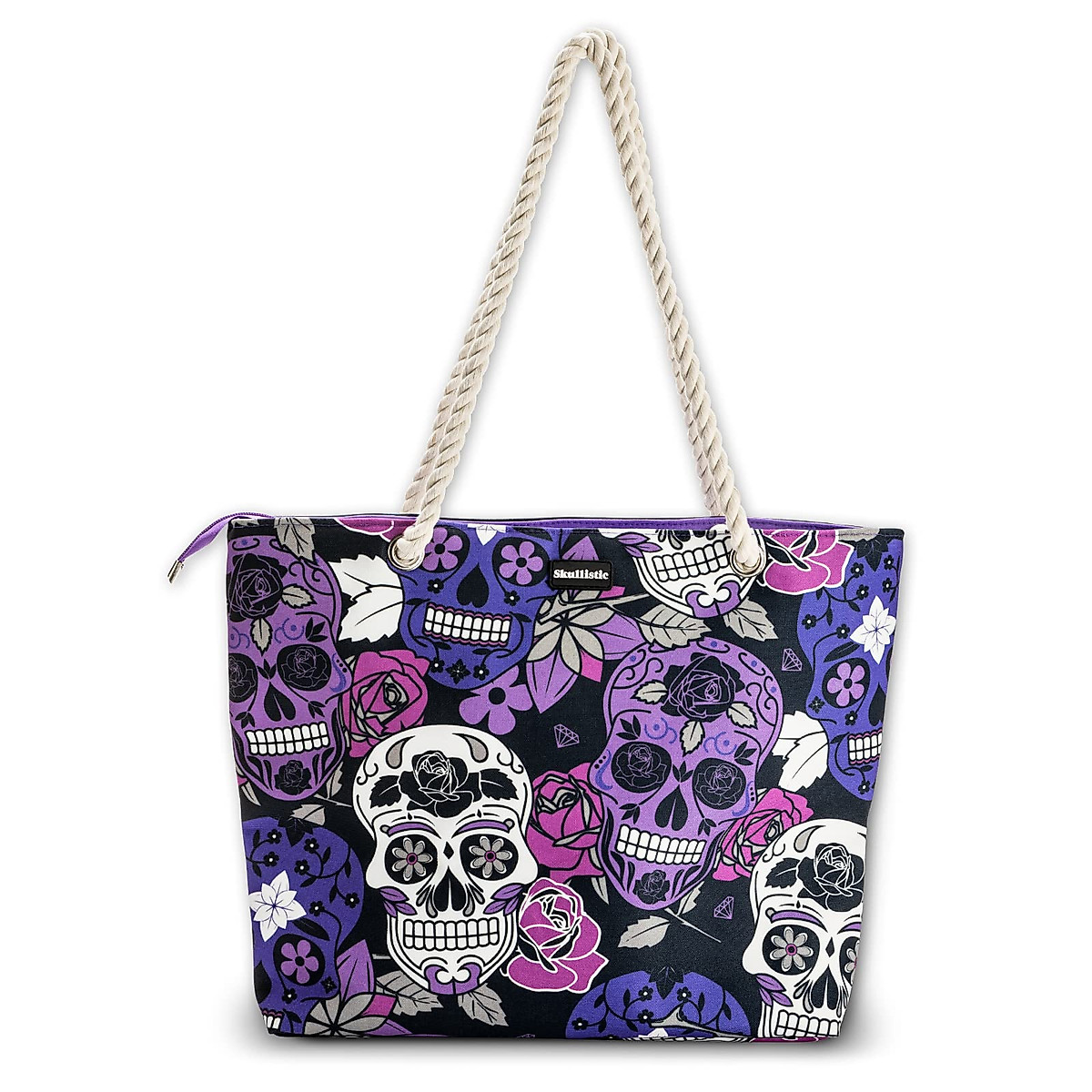 Skullistic Sugar Skull Purple Shoulder Bag - Beach, Travel & Gym, Thick Canvas, L18.5 x H13.5 x W5