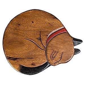 Sea Island Imports Sleepy Kitty Design Hand Carved Acacia Hardwood Decorative Short Stool