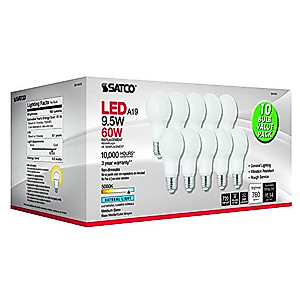 Satco S11411 9.5-Watt A19 LED Light Bulbs, 60-Watt Replacement, 5000K Natural Light, 760 Lumens, 10 Pack