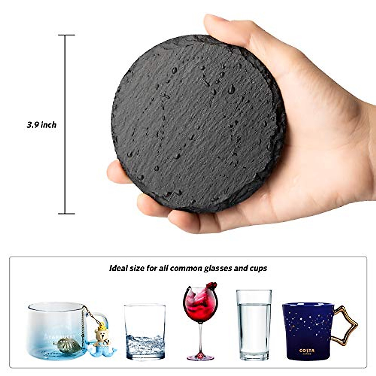 Urbanstrive Eco-Friendly Slate Drink Coasters with Holder, Set of 8, Round Slate Stone Coasters for Drinks Bar Home, 4 Inch, Black