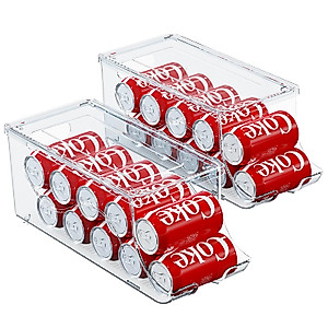 SCAVATA 2 Pack Stackable Refrigerator Organizer, Soda Can Dispenser Pop Cans Container Beverage Holder with Lid for Fridge, Freezer, Kitchen, Clear Plastic Storage Bins-Holds 10 Cans Each (Clear)