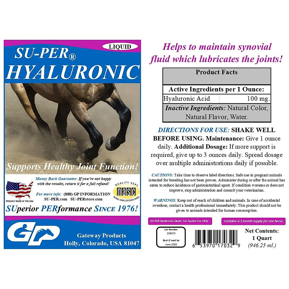 SU-PER Hyaluronic Joint Supplement for Horses - Supports Joints Health & Lubrication - Horse Hyaluronic Acid Liquid - 1 Quart, (2 Pack)
