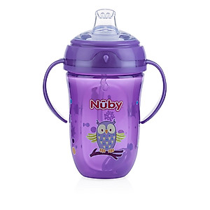Nuby Comfort Trainer 2 Handle Cup with 360 Weighted Straw and Soft Silicone Spout, 9 Oz, Girl, Pink Flowers