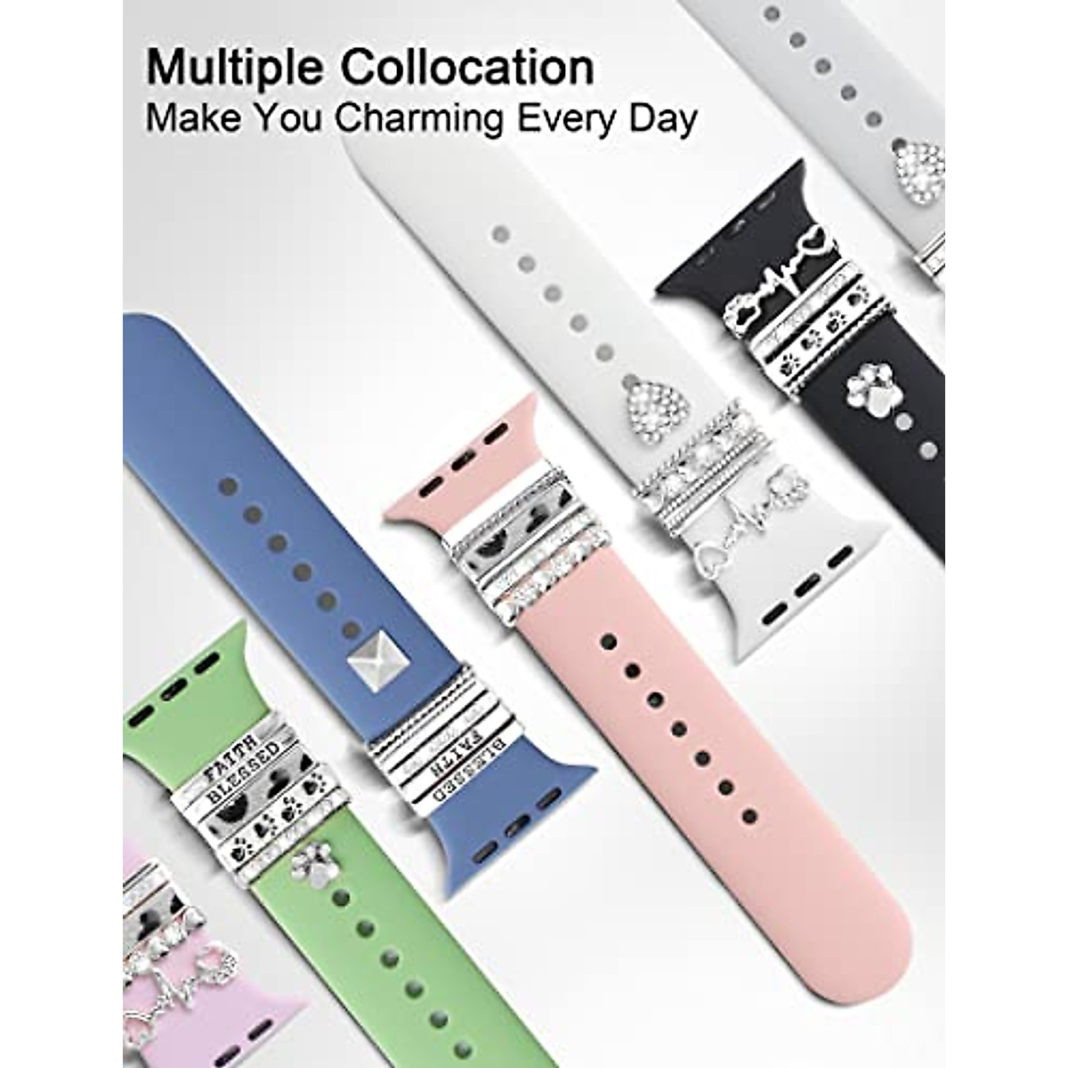 JR.DM 13 Pieces Silver Watch Band Charms with 10-Pcs Decorative Rings Loops & 3-Pcs Classic Clasp, Compatible with Apple Watch 38mm 40mm 41mm 42mm 44mm 45mm Metal Diamond Sliding Strap Accessories for iWatch Series 9 8 7 6 5 4 3 2 1 (No Watch Band)