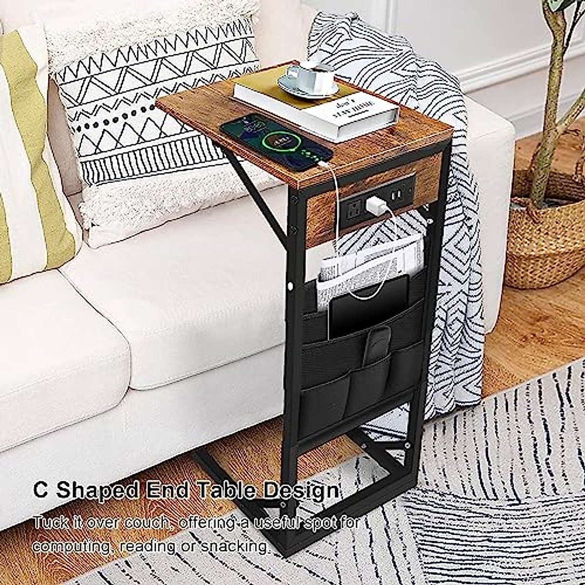 Youmechi C Shaped End Table with Charging Station, Side Tables Slide Under for Couch Sofa and Bed, Adjustable Height Small Side Table with Storage Bag and Wheels for Living Room Bedroom, Rustic Brown