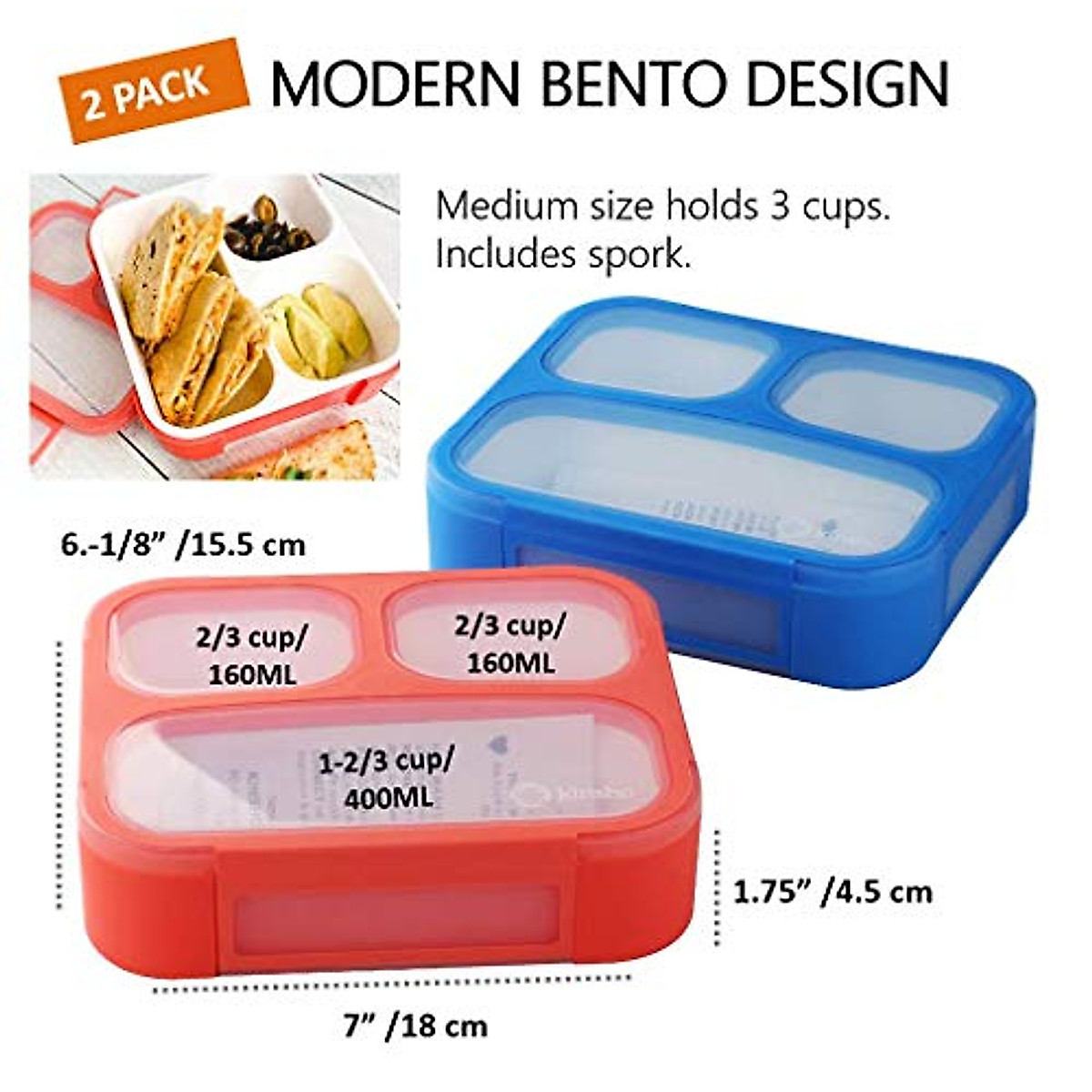 kinsho Bento Boxes for Kids, Lunch Box Set for Boys Girls Toddlers, Leakproof 3 Compartment Containers for Meal or Snack, For Pre-School Travel Work, BPA Free. Blue Orange 2 Pack Medium - Small
