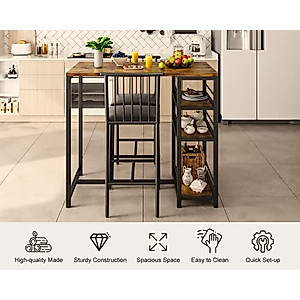 Gizoon Bar Table and Chairs Set for 2 with 3 Storage Shelves, Kitchen Counter Height Dining Table Set with Pu Cushion Chairs & Thick Wood Top for Breakfast, 3-Piece Modern Pub Table Set - Retro