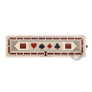 House of Cribbage - 3 Track Continuous Cribbage Board Inlaid in Maple Wood/Bloodwood - Size: 12.5 Inch - Wood Inlaid Card Symbols (Suits) + Storage Drawer for Cribbage Pegs