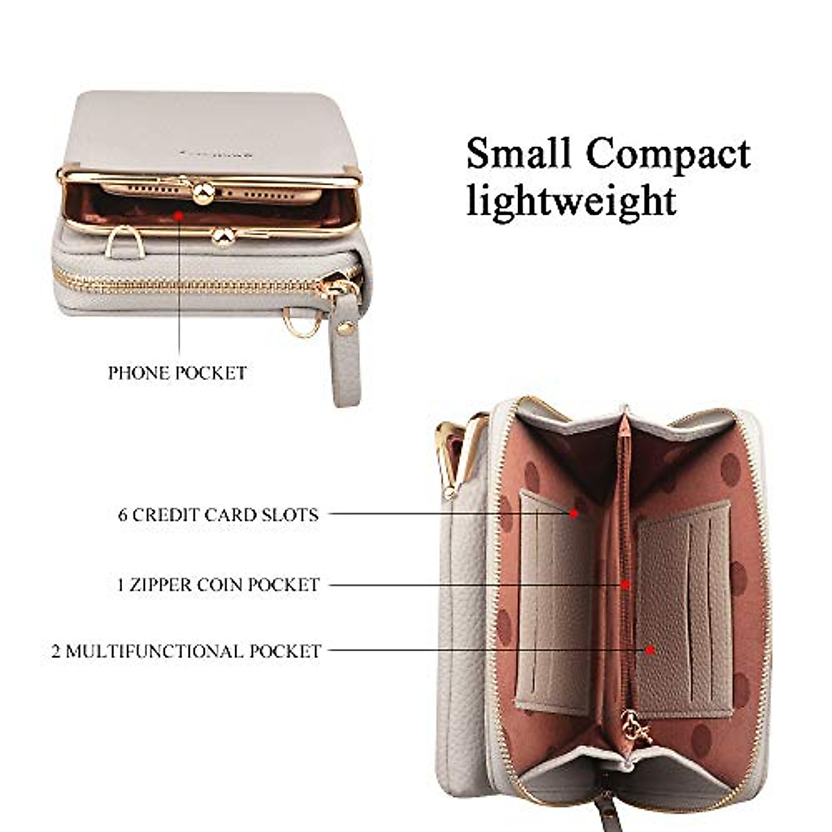 Small Crossbody Phone Bag Lightweight PU Leather Phone Purse for Women with Long Shoulder Strap Card Holder Kiss-Lock (Gray)